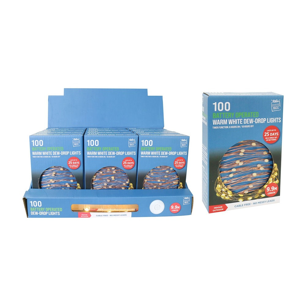 LED Dew Drop Wire Lights | 100 Warm White, 30cm Lead, 6 Hour Timer ...